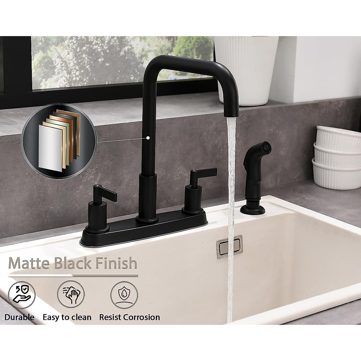Kitchen Faucet with Sprayer, Black Kitchen Faucet, Matte Black Kitchen Sink Faucet, Stainless Steel Kitchen Sink Faucet with Side Sprayer, 3 or 4 Hole RV Utility Laundry Kitchen Faucets KMF028B