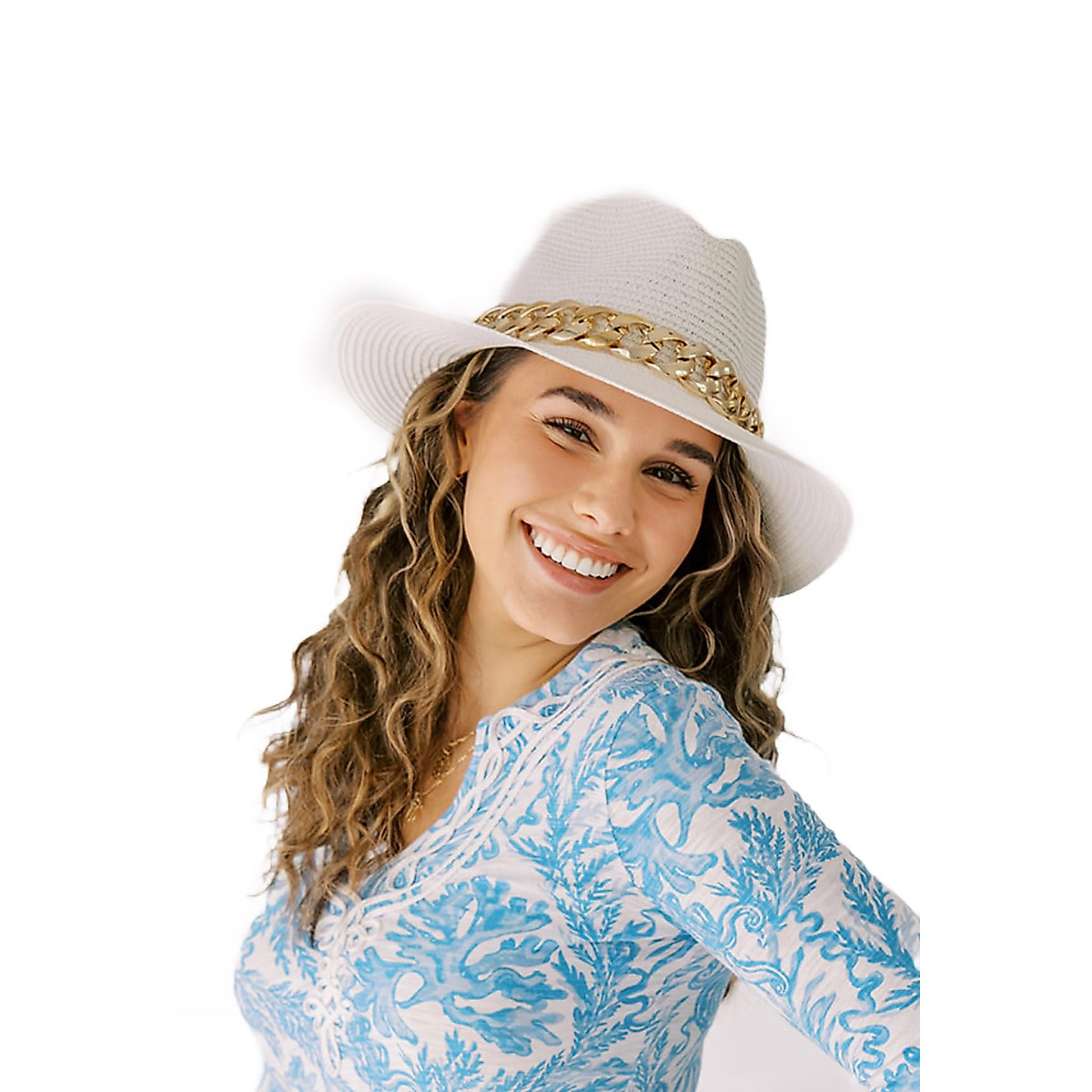 SOLEORO Chic Wide Brim Panama Fedora Straw Sun Hat with Gold Chain for Women Pool Beach Vacation Bachelorette