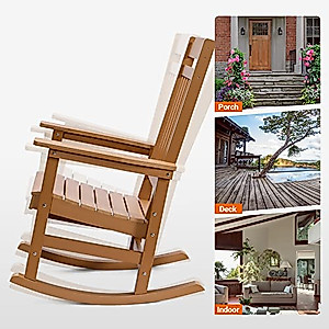 EMBRANGE Outdoor Rocking Chair with Tilting High Backrest, Weather Resistant, Fade-Resistant,Front Porch Rocker with 350 LBS Weight Capacity, Patio Rocking Chairs for Deck or Indoor, Teak
