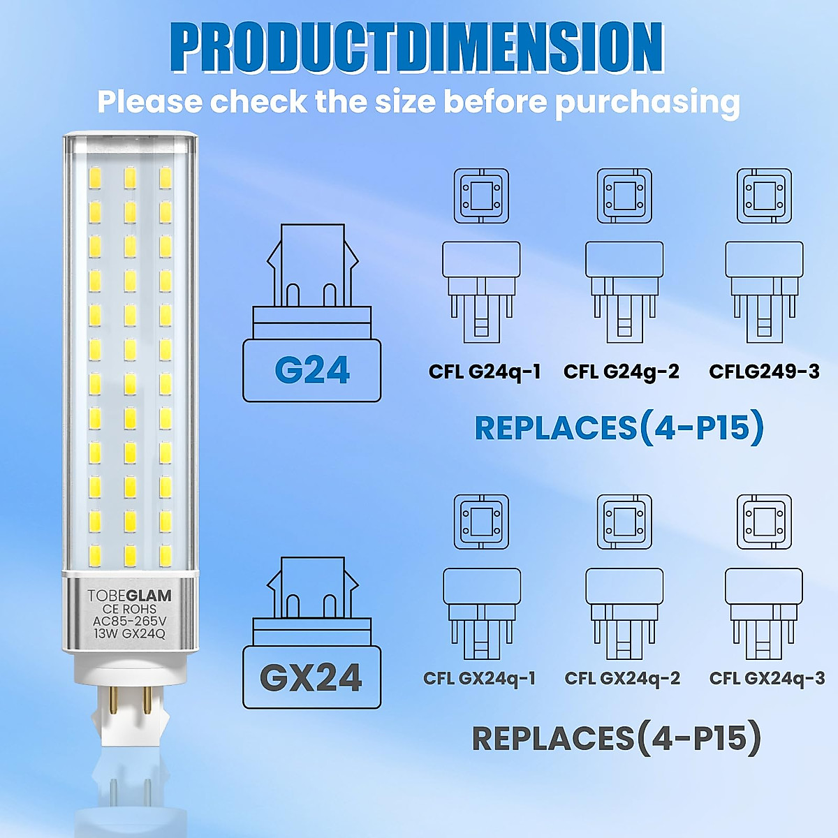 TOBEGLAM 13W GX24q 4 Pin LED Light Bulb,26W CFL Equivalent,6000k Cool White Plug in G24q Led Bulb,GX24q Base,1200 Lm Ballast Dependent,GX24q LED PL Horizontal Recessed Bulb Daylight 180° Beam Angle
