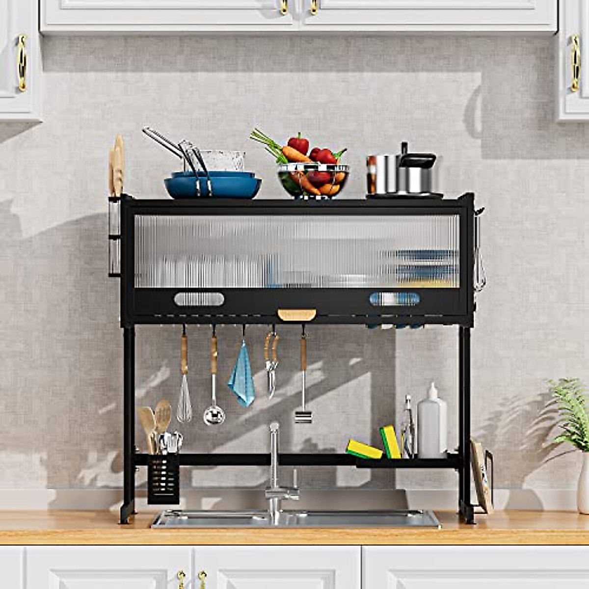 NETEL Over The Sink Dish Drying Rack, 2 Tier Clear Dustproof Cabinet Door Design and Stable Suction Cup Base for Space-Saving Kitchen Counter Organization (Black, 33.5 * 12.6 * 30.3 inches)