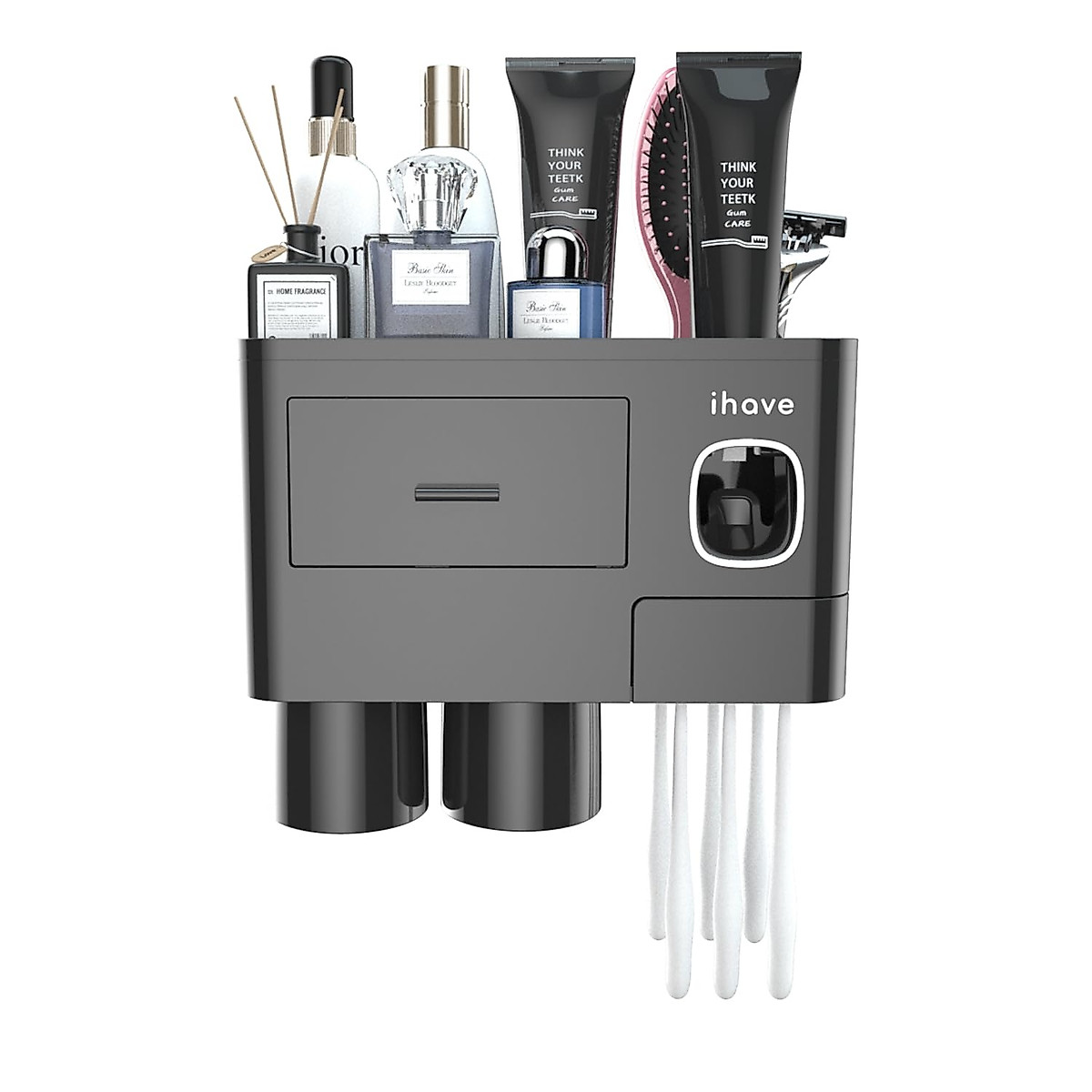 iHave Toothbrush Holder for Bathroom Storage, 2 Cups Toothbrush Holder Wall Mounted with Toothpaste Dispenser Bathroom Set, Large Capacity Tooth Brushing Holder Bathroom Organization and Storage