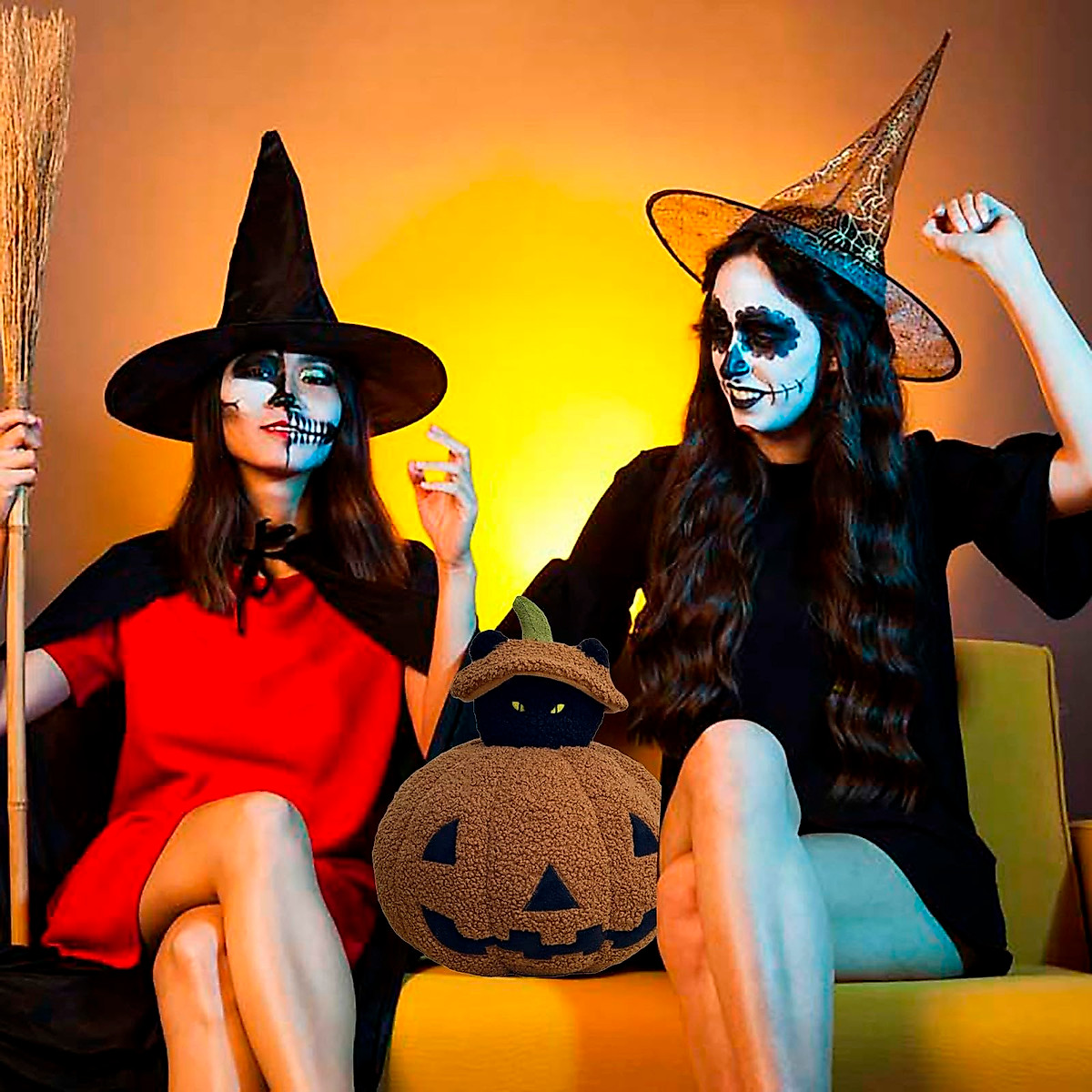 Halloween Black Cat Pumpkin Toy Pillow Holiday Pillow Halloween Pumpkin Plush Toy, Cute Cat Hides in Pumpkin Pillow，Cat Pumpkin Peeping Plush Pillow Home Decoration