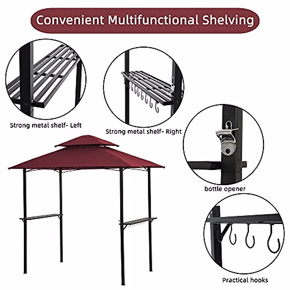 Outdoor Grill Gazebo, 5FT x 8FT Double Tiered Replacement Canopy Grill,Shelter Tent, BBQ Gazebo Roof Top Gazebo and Steel Frame Canopy with Hook and Bar Counters (Wine Red)