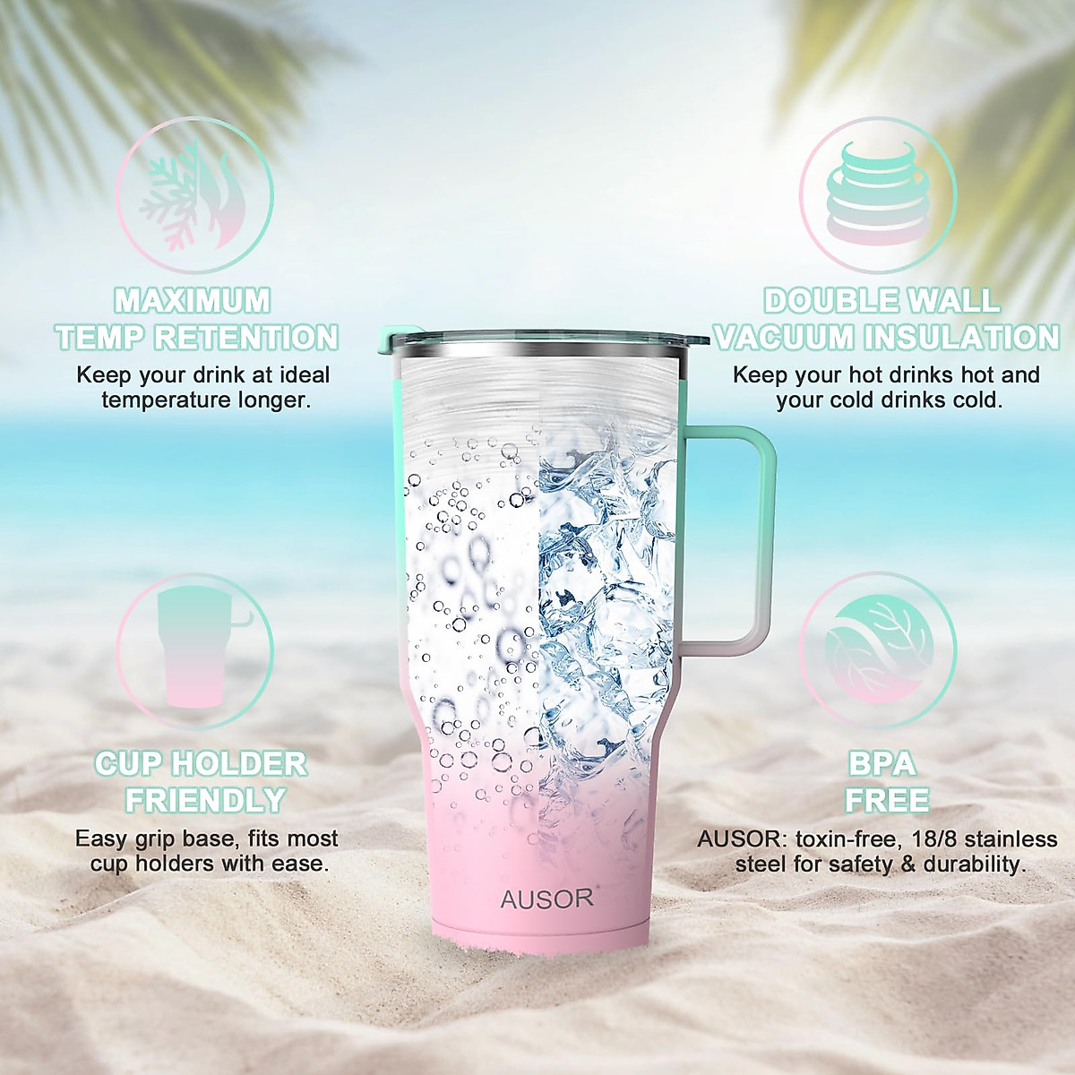 AUSOR 30 oz Tumbler with Lid and Straw,Water Bottle with Handle,Insulated Stainless Steel Tumbler for Hot & Cold, Coffee Travel Mug Cups Reusable,Blue to Pink