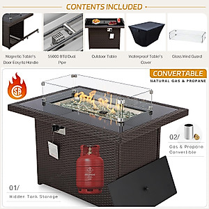 BULEXYARD High Back Brown PE Rattan Outdoor Patio Furniture Set with Propane Fire Pit Table, Large Wicker Outside Sectional Furniture Sofa Conversation Sets for Backyard(Dark Red, 9Pcs-B)