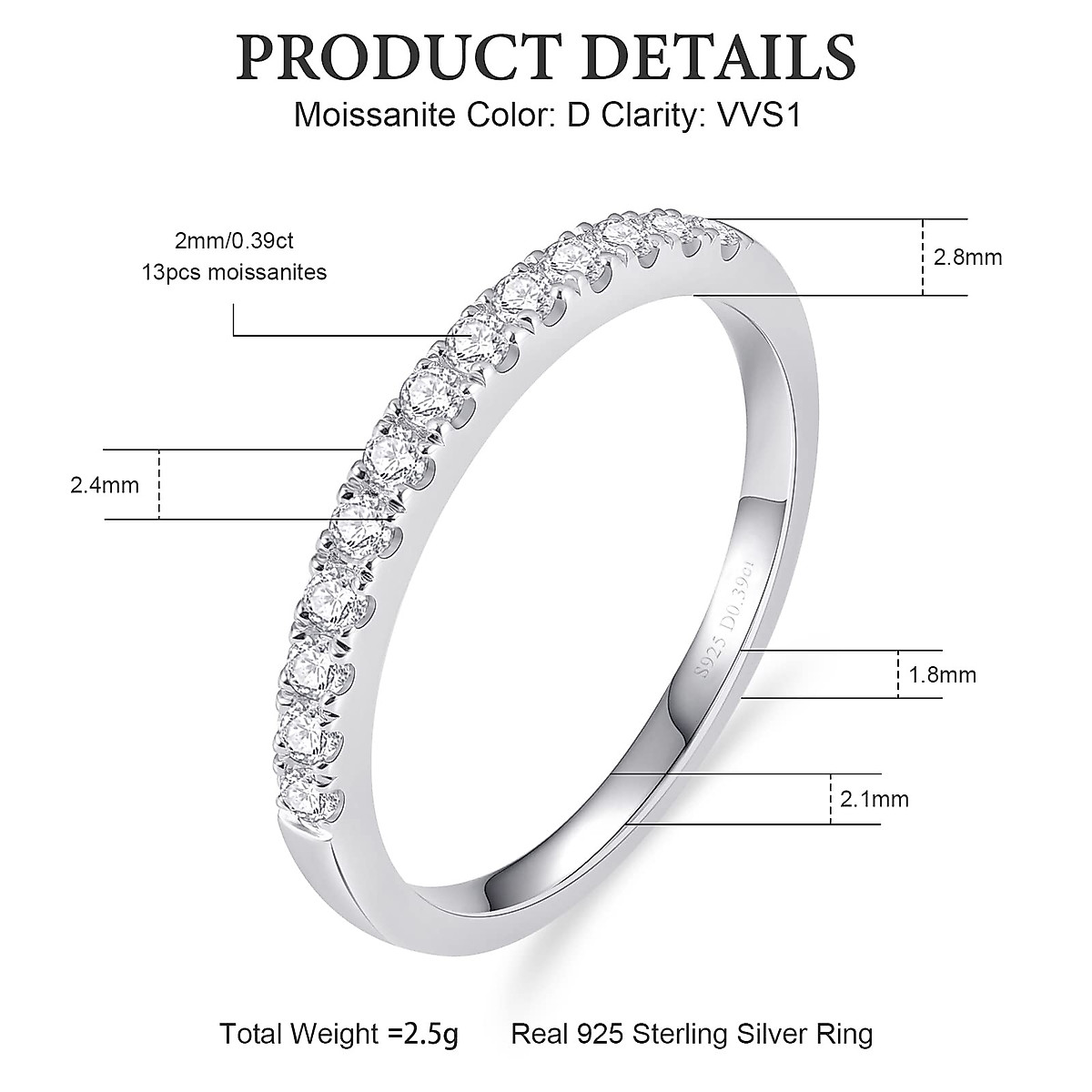 AmoreNel Moissanite Wedding Band,0.4 ct D Color VVS1 Lab Created Diamond Sterling Silver Rings Half Eternity Stackable Engagement Ring Anniversary Band Size 4-10 (7.5)