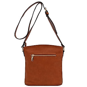 FashionPuzzle Triple Zip Pocket Medium Crossbody Bag (Dark Tan)
