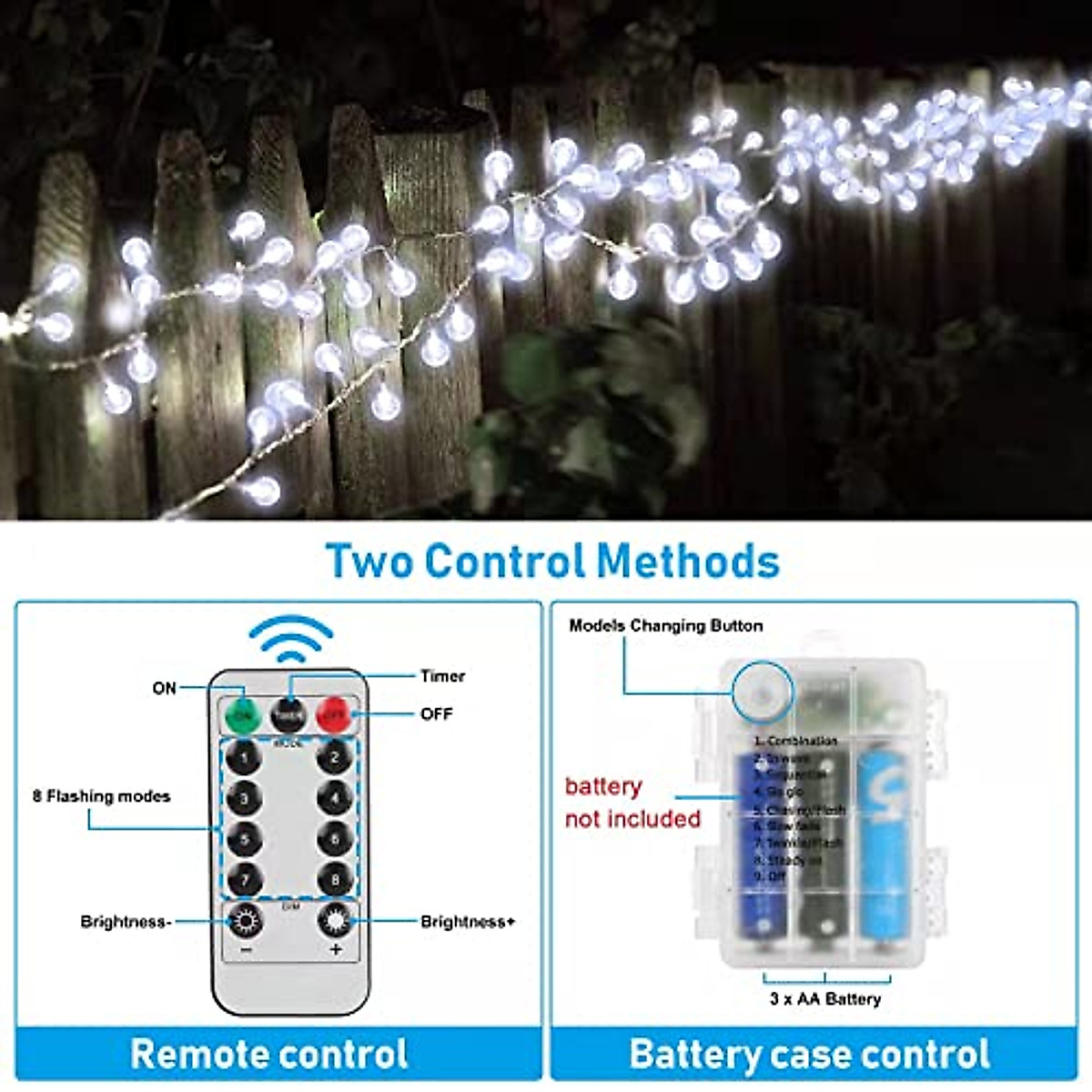 Outdoor String Lights Battery Operated 33FT 100LED String Lights Indoor Waterproof Mini Globe Lights, with Remote Timer 8 Lighting Modes, for Garden Bedroom Wedding Halloween Christmas Party Decor
