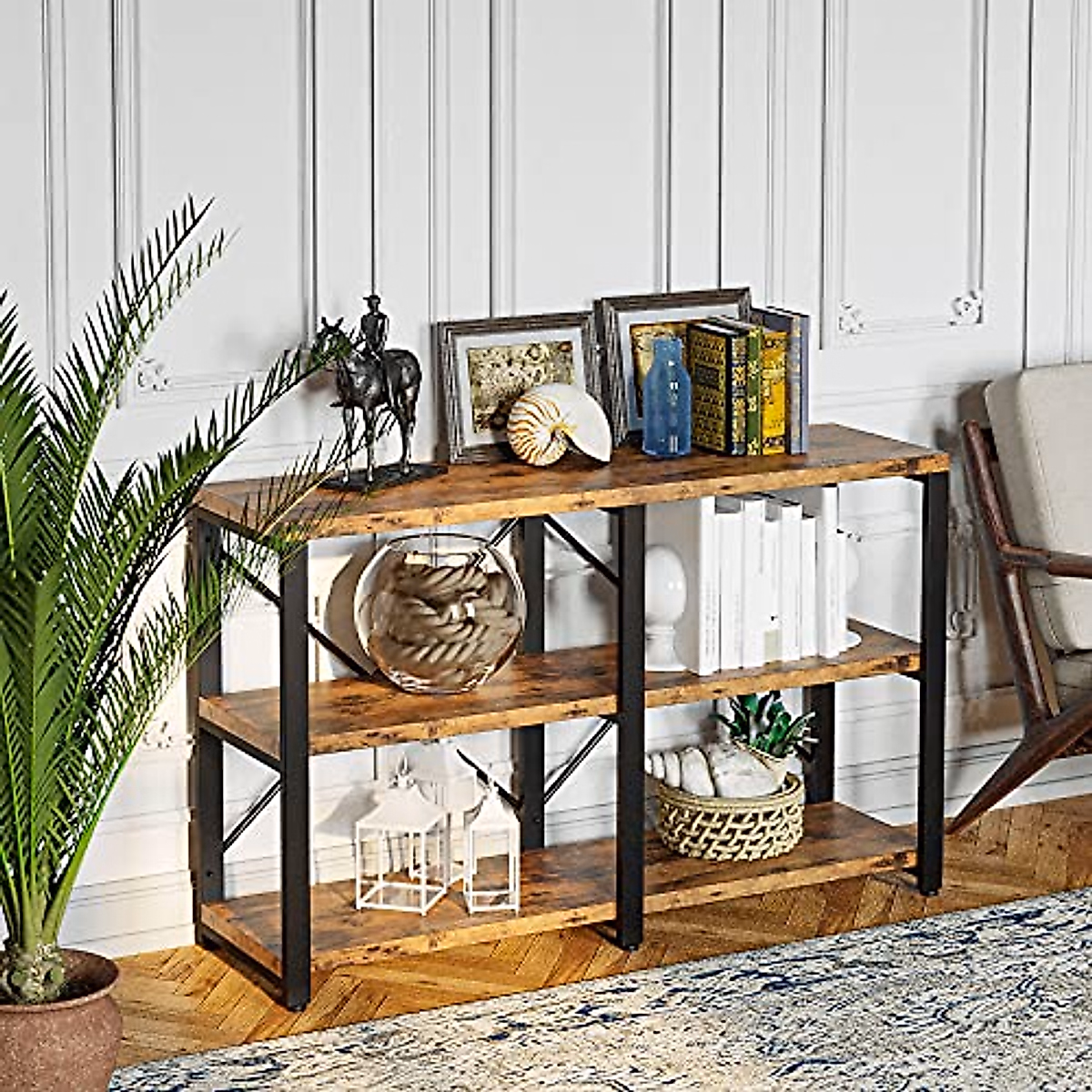 IRONCK Bookshelf Double Wide 47 in 3 Tier, Industrial Bookcases, Wood and Metal Bookshelves, Book Shelves for Home Office Decor Display