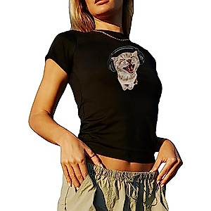 Suagox Women's Y2k Crop Tops Cute Kawaii Short Long Sleeve Grunge T-Shirts Teen Girls Graphic Letter Print Baby Tees (Cat/Black, S)