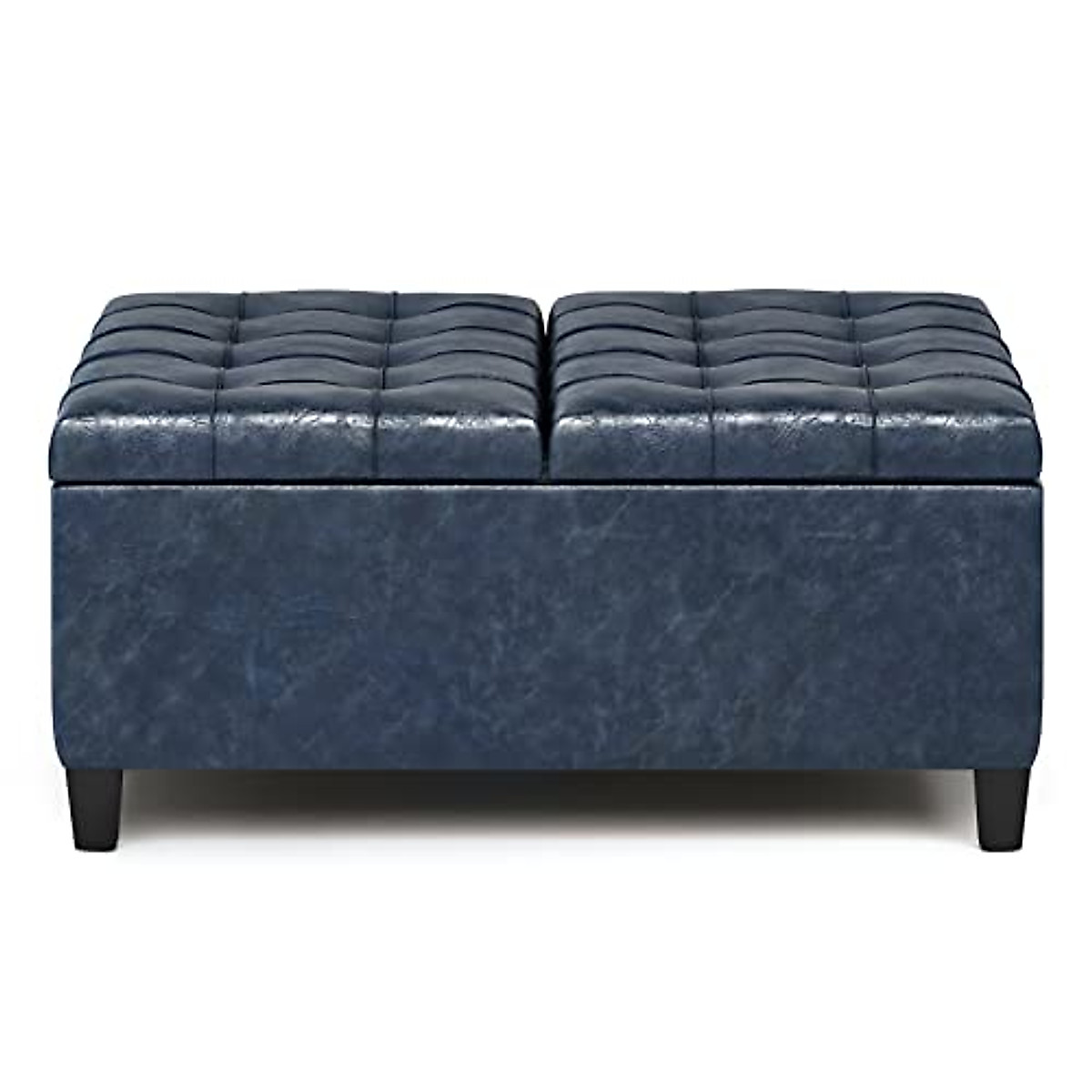 SIMPLIHOME Harrison 36 inch Wide Transitional Square Coffee Table Storage Ottoman in Denim Blue Vegan Faux Leather, Assembled, For the Living Room and Bedroom