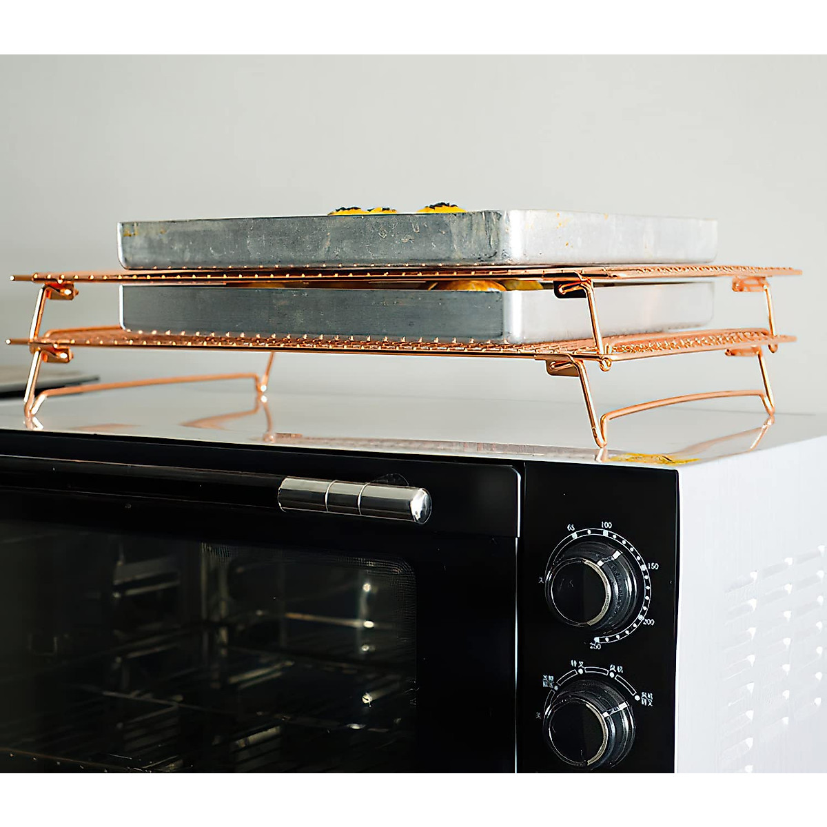 Kingrol 2 Pack Stainless Steel Cooling Racks with Collapsible Folding Legs, Stackable Grid Wire Racks for Cooking and Baking, Rose Gold