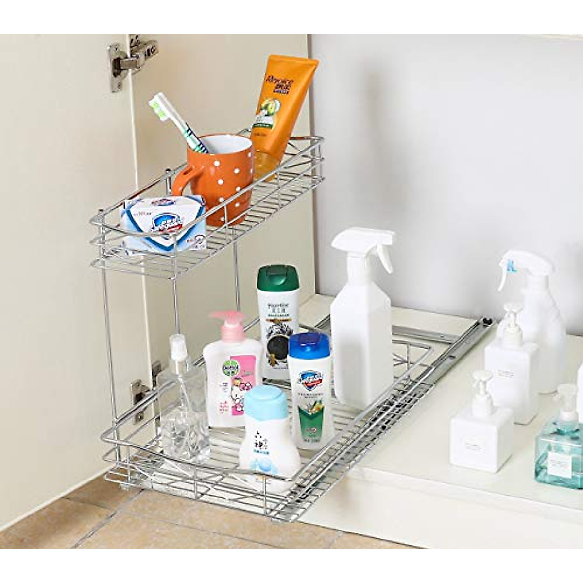 TQVAI Pull Out Under Sink Cabinet Organizer 2 Tier Slide Wire Shelf Basket - 11.49W x 17D x 14H - Request at Least 12 inch Cabinet Opening