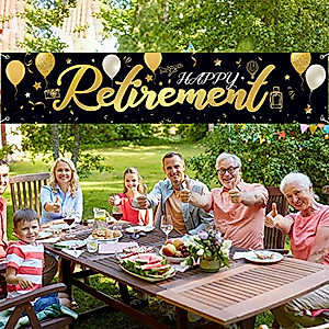 Happy Retirement Banner Horizontal Large Happy Retirement Sign Banner Fabric Retirement Yard Sign Backdrop Background Black Gold Retirement Banner for Retirement Party Photo Booth, 72.8 x 15.7 Inch