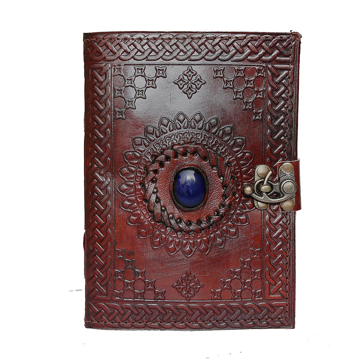 7" Leather Journal with clasp & stone Writing Pad Blank Notebook Handmade Notepad For Men & Women Unlined Paper Best Present Sketchbook Travel Diary To Write Book Of Shadows Refillable Grimoire Large