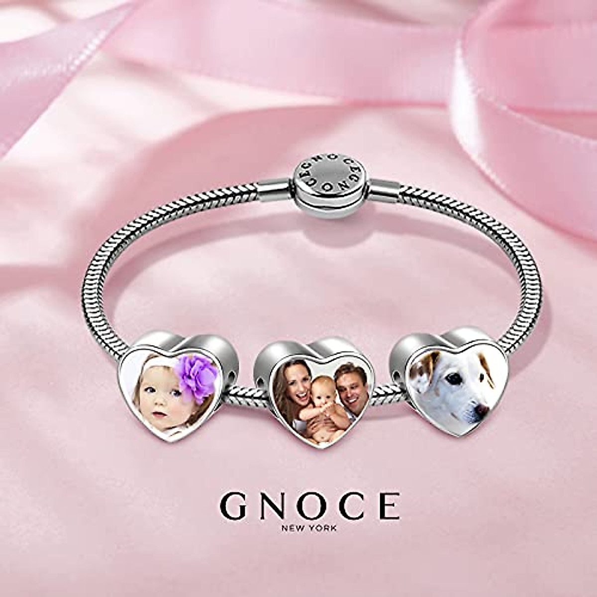 GNOCE Custom Photo Charms for Bracelet 925 Sterling Silver Heart Shaped Personalized Charms Family Memorial for Women