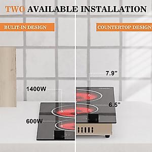 Jessier 2 Burner Electric Cooktop - 12 Inch Plug in Portable 110V Electric Cook Top, Built-in & Countertop Ceramic Stove Top with Knob Control, 9 Power Levels and Overheat Protection