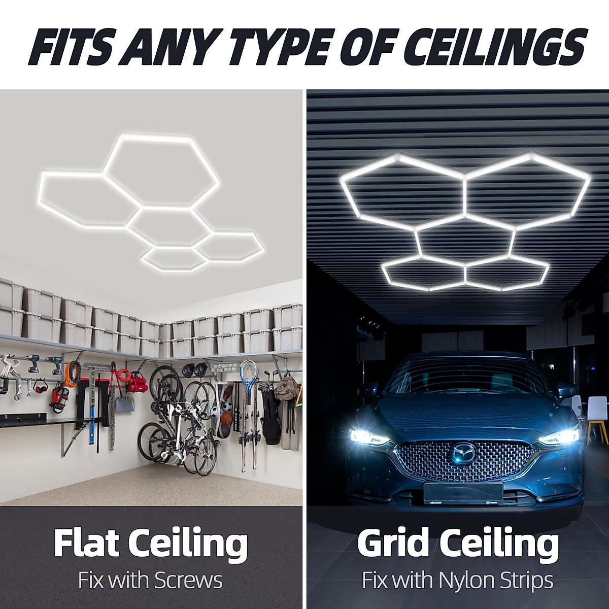 GooComfy Modern Hexagon LED Garage Light Fixture, 120W 13200LM 25 Pack Honeycomb Ceiling Light for Garage, Basement, Gaming Room, Warehouse, Gym, 5 Hexagon