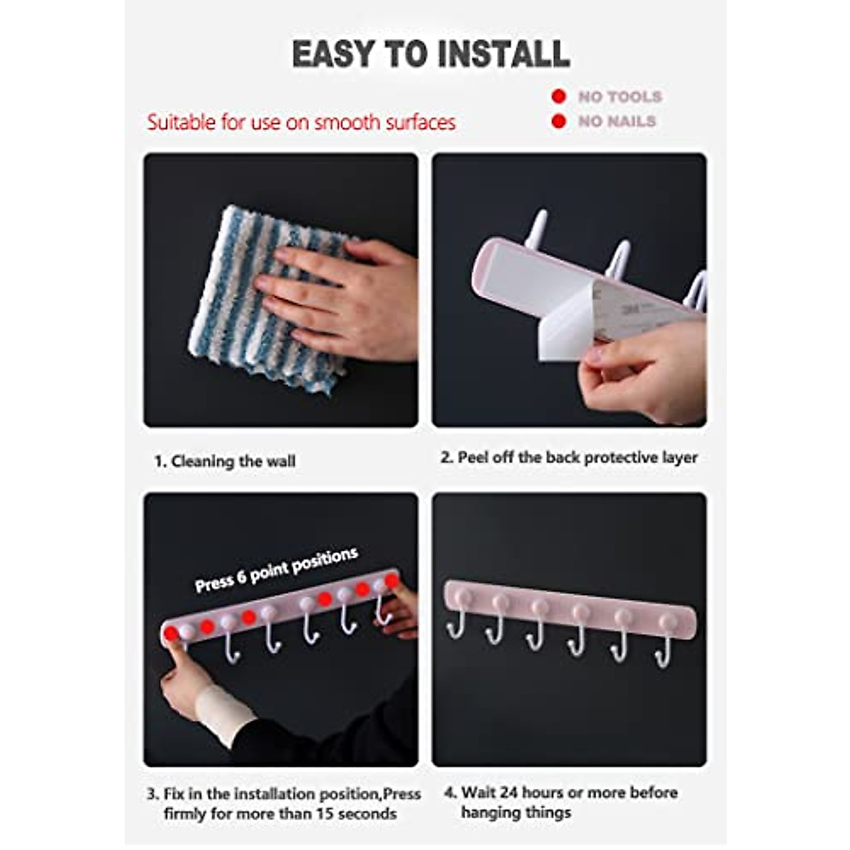 BOSGAS Adhesive Wall Hook with 6 Rotate Hooks,Wall Coat Rack, Perfect for Hanging Clothes Cooking Tool Towel in Kitchen and Bedroom, Easy to Use, Strong Bearing Capacity (Pink 2 Pack)