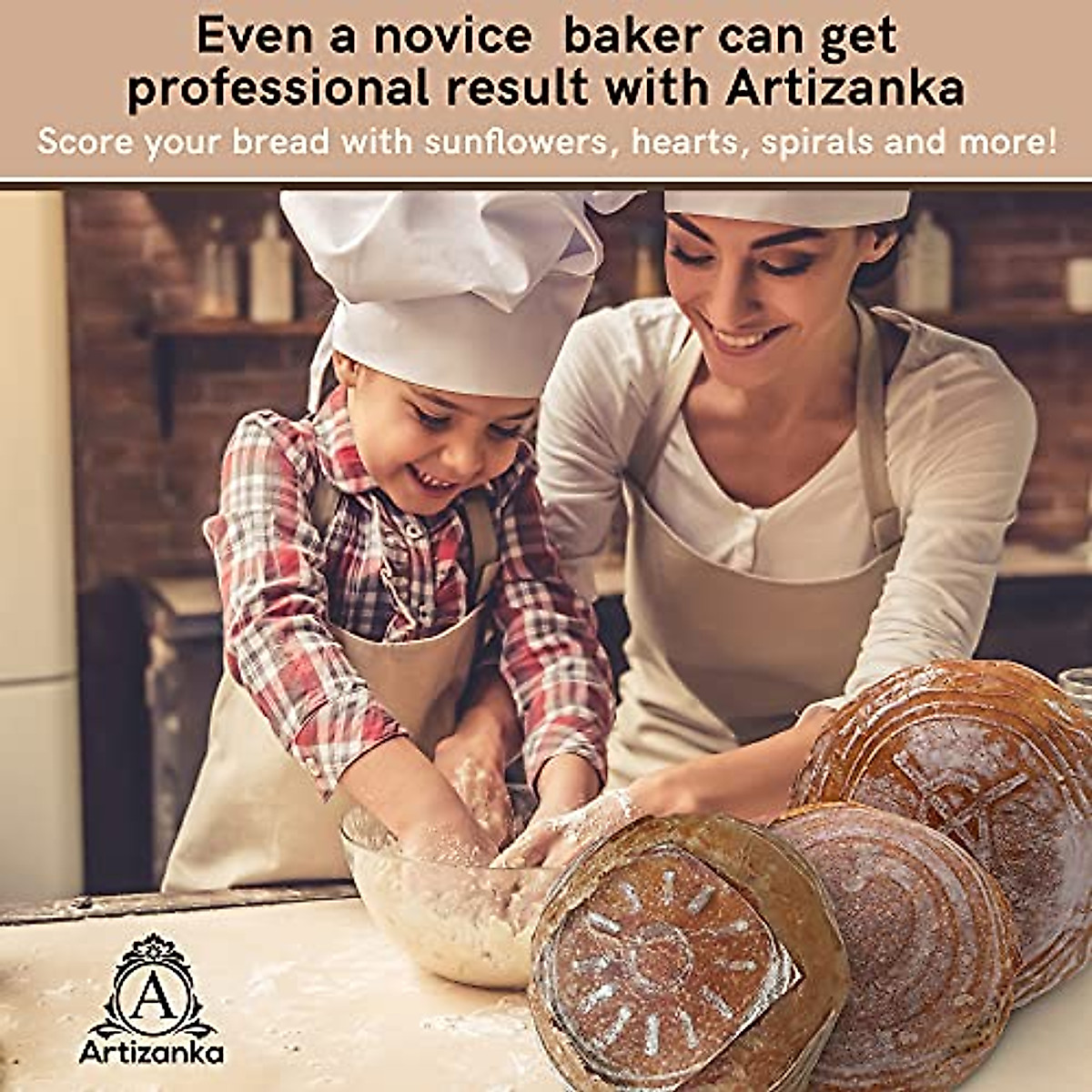 9 in Bread Proofing Basket Set - Make Sourdough Bread with our Banneton Basket and Removable Design Inserts Dough Scraper & Cloth Liner Gift for Bakers by Artizanka (Basket+Patterns)