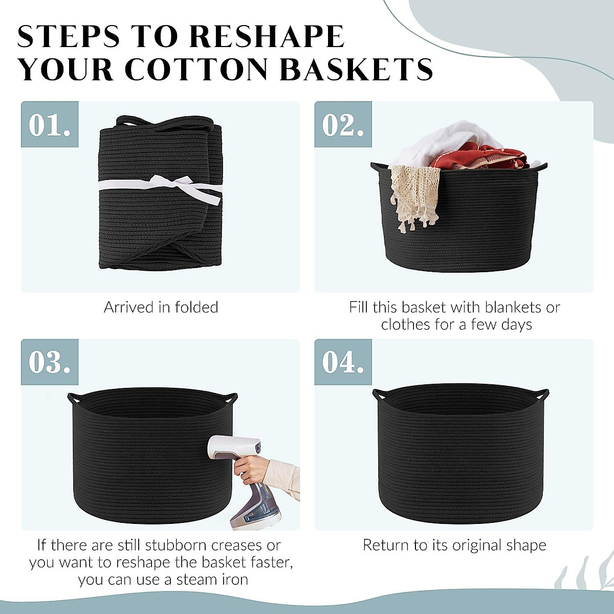 Blanket Basket Living Room, Cotton Rope Basket for Storage, Maliton Woven Extra Large Basket, 22" x 14" Nursery Laundry Basket with Handles, Toy Storage Basket Bin for Baby and Pet, Black