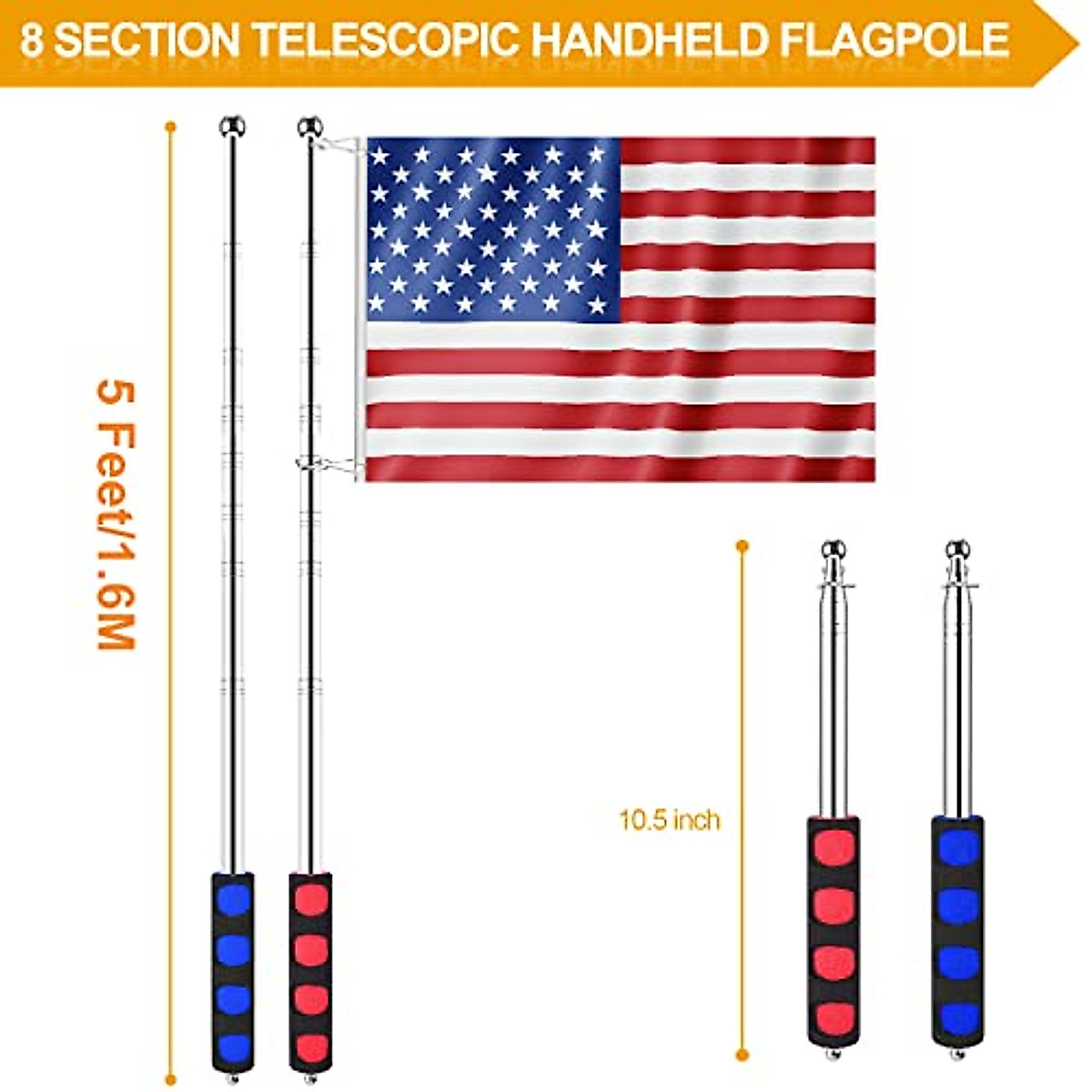 BONWIN 1.6M Telescopic Handheld Flagpoles with Clips, 5 Feet Thick Portable Stainless Steel Telescopic Banner Flag Pole - Tour Guide Flag Pole - Teaching Pointer Stick - 2 Pack (5 Ft, Red+Blue)