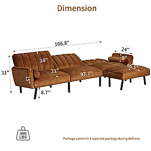 DURASPACE Velvet Sectional Convertible Sofa with Chaise, 106.5" L Shape Sectional Sofa Couch with USB, Split Back Folding Futon Couch for Living Room (Caramel Brown)