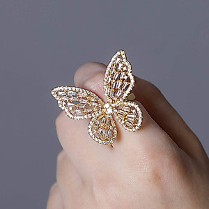 Gold Adjustable Butterfly Rings for Women Cubic Zirconia Ring Jewelry (Gold)
