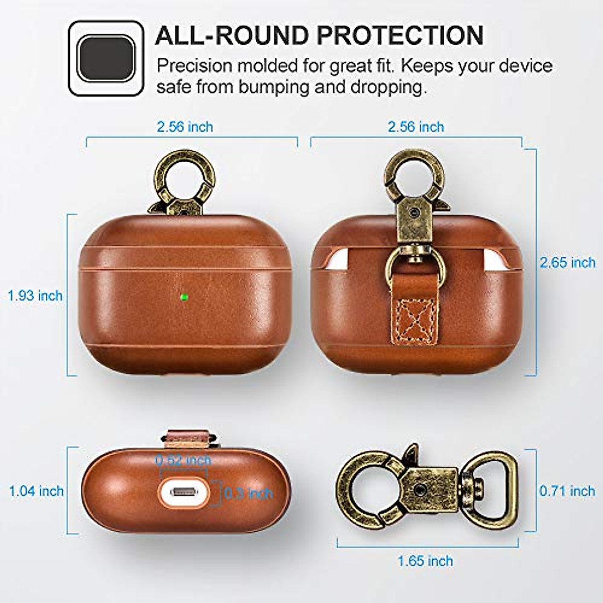 AirPods Pro Leather Case with Strap, ICARER Genuine Leather Portable Protective Shockproof Cover for Apple AirPods Pro case Keychain Support Wireless Charging (Brown)