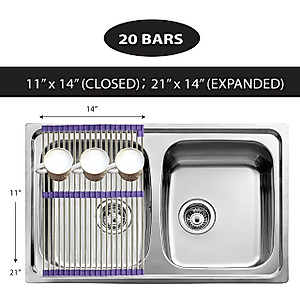 Total Rack Multipurpose Over-Sink Dish-Drying Rack, Cooling, Crisping, Roasting & Serving, Trivet, Nonslip Silicone Grips, Expandable 14" to 21" Stainless-Steel Roll Out Rack - Purple