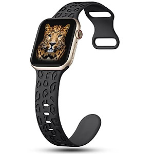 CreateGreat Engraved Bands Compatible with Apple Watch Band 41mm 40mm 38mm, Leopard Carve Pattern Soft Silicone Strap Compatible with iWatch Series 8 7 6 5 4 3 2 1 SE, Women Men,Leopard-Black