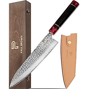 Paul Brown's™ 8 Inch Chef Knife 9Cr18COMOV 67 Layers Damascus Steel Resin Handle Chef Knife with Pine wood Gift box and Leather Sheath