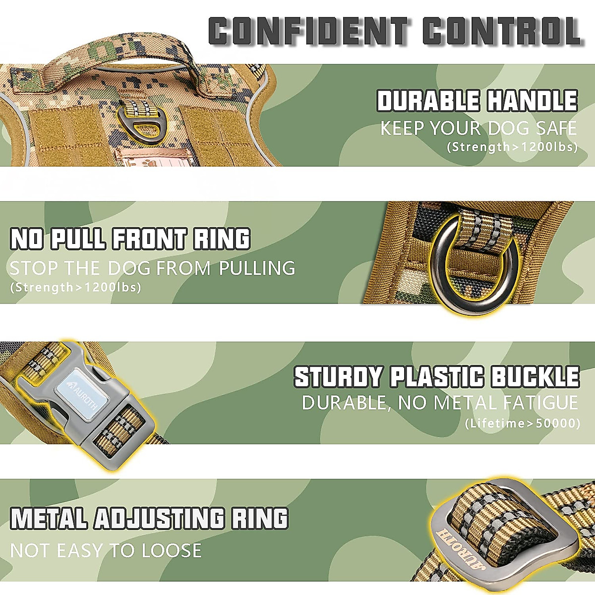 AUROTH Tactical Dog Harness for Large Dogs No Pull Adjustable Reflective K9 Working Training Easy Control Pet Vest Military Service Harnesses Woodland Camo L