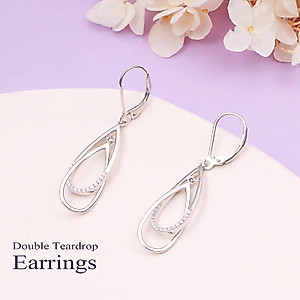 Teardrop Dangle Drop Leverback Earrings Cubic Zirconia CZ Lever Back Tear Drop Earingings Sterling Silver Jewelry for Women