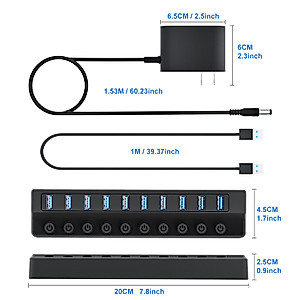 ONFINIO USB Hub 3.0 Powered, 6 Ports USB Hub Splitter (4 High Speed Data Transfer Ports + 2 Smart Charging Ports) with Individual On/Off Switches and 48W Power Adapter for Mac Pro/Mini, PC, HDD, Disk