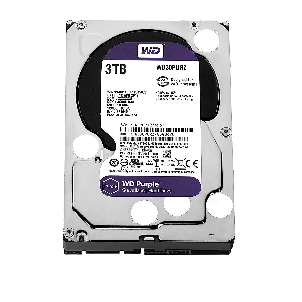 WD Purple 3TB Surveillance Hard Disk Drive -5400 RPM Class SATA 6Gb/s 64MB Cache 3.5 Inch Model WD30PURX