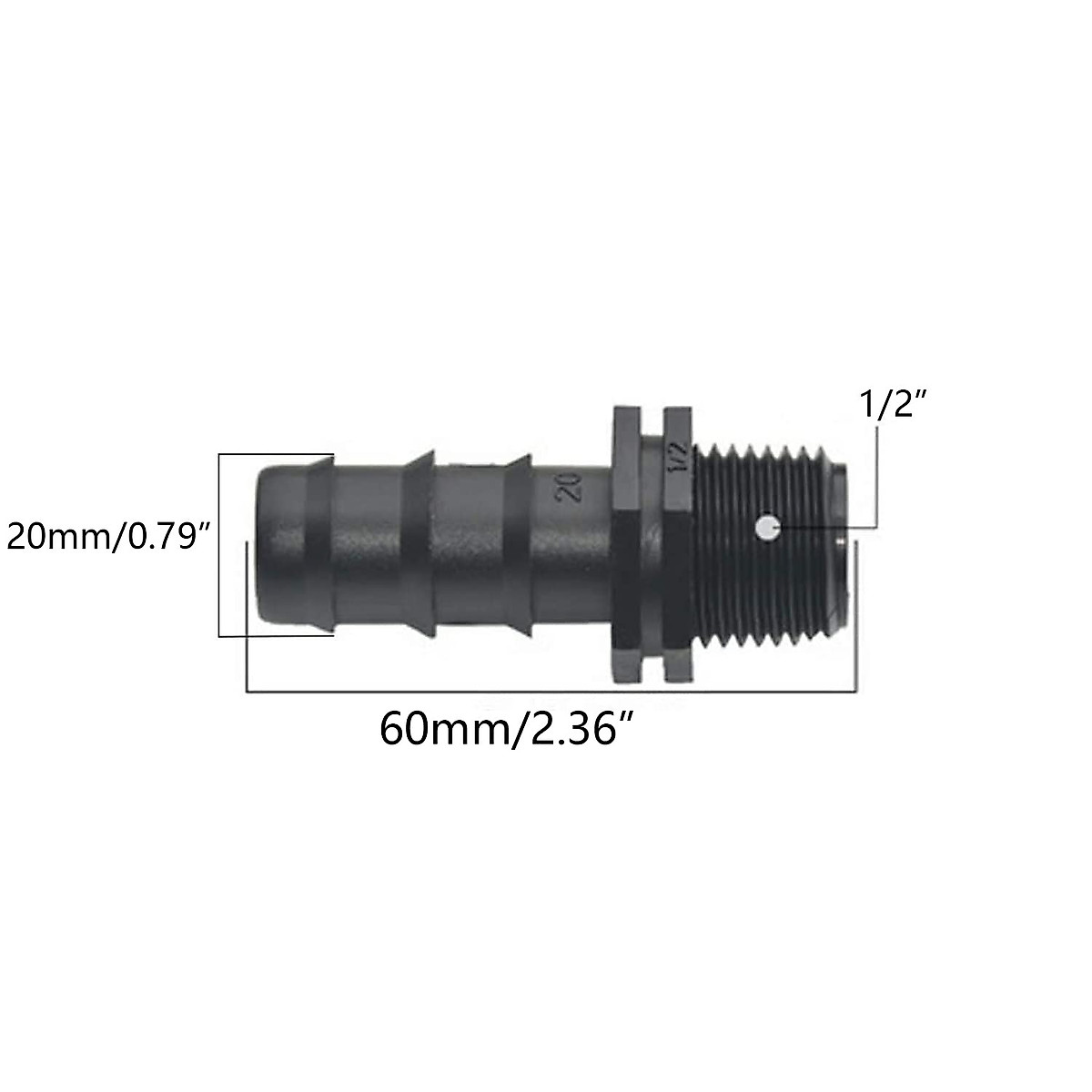 MroMax 10Pcs Drip Irrigation Fittings 1/2" Male Thread Barbed Pipe Connectors External Socket Hose Fitting for Garden Lawn Agricultural Irrigation System Plastic Black, 2.36" length