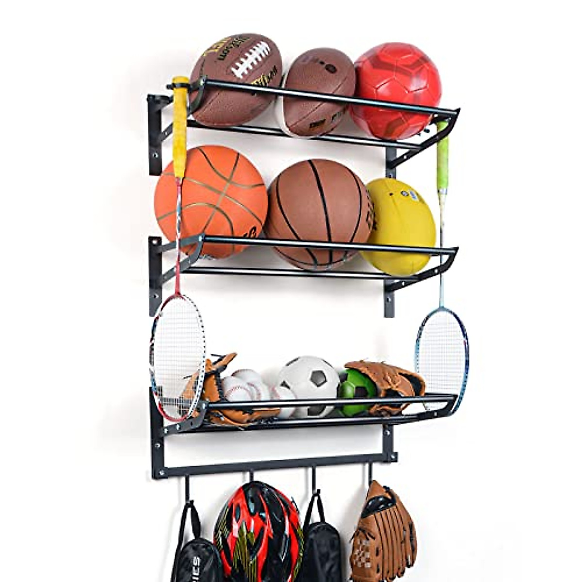 Sunix Garage Sports Equipment Storage, Basketball Rack with 3 Racks, Sports Equipment Organizer Wall Mount Shelf with 4 Hooks for Rackets, Sports Equipment Storage Rack, basketball Rack