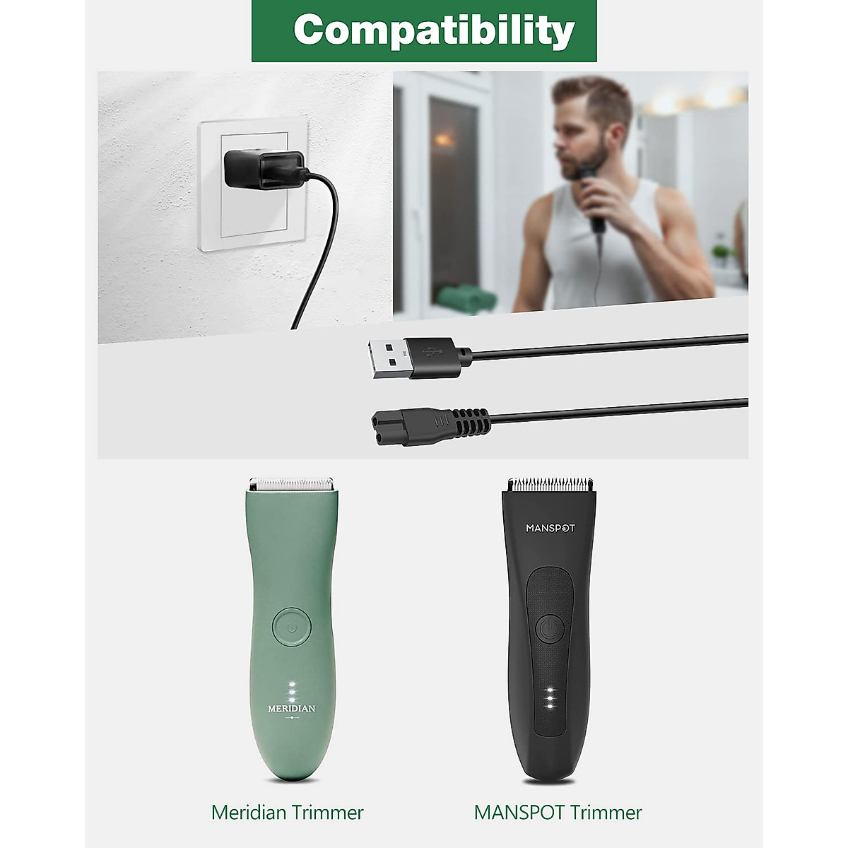 5V USB Charging Cable for Meridian Shaver, Charging Cord for Meridian Trimmer Meridian Electric Body & Pubic Hair Trimmer Body Hair Groomers, JOVNO AC/DC Adapter Power Supply Wall Charger Power Cord