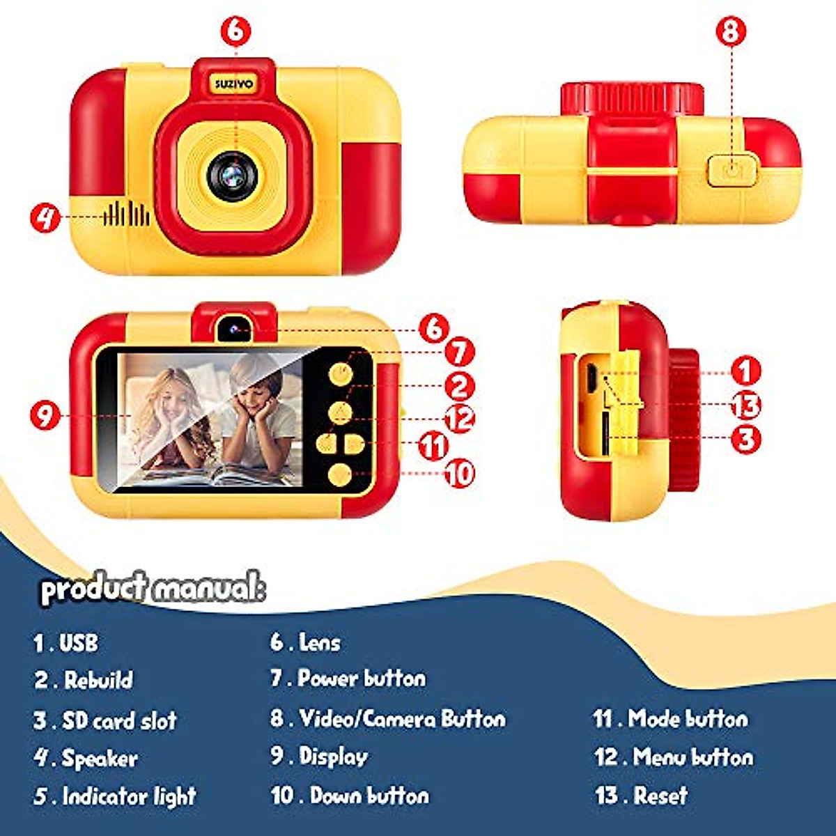SUZIYO Kids Digital Camera, Children Selfie Video Camcorder 1080P Dual Lens 2.4 Inch HD, Best Christmas Electronic Gifts Toys for Age 3-10 Years Old Boys & Girls Toddlers (with 32G Micro SD Card, Red)