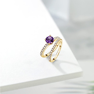 18K Yellow Gold Plated Silver Purple Amethyst and White Moissanite Wedding Engagement Band Bridal Set Ring For Women (1.49 Cttw, Gemstone February Birthstone, Available In Size 5, 6, 7, 8, 9)