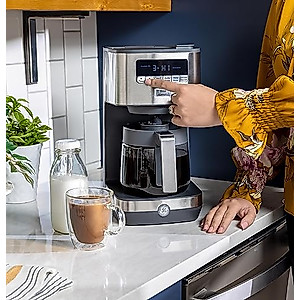 GE Drip Coffee Maker With Timer | 12-Cup Glass Carafe Coffee Pot With Adjustable Keep Warm Plate | Wide Shower Head for Maximum Flavor | Kitchen Essentials | Stainless Steel