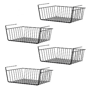 Under Shelf Basket 4 Pack Hanging Under Shelf Storage Organizer Black Metal Wire Grid Under Table Shelf Storage Basket Rack for Pantry Cabinet Desk Bookshelf Office Closet