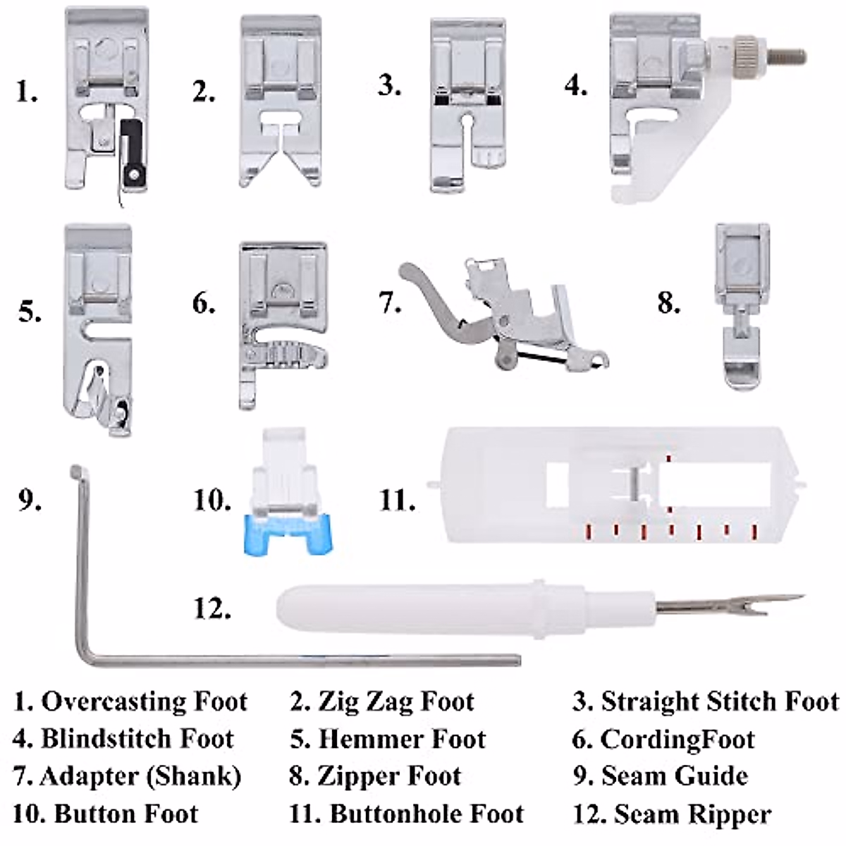 Sewable 12 Piece Presser Feet Set | Low Shank Snap On Sewing Machine Foot Set Fits Brother, Janome, Singer, Baby Lock, Kenmore, and Other Low Shank Machines