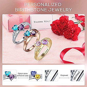 OPALSTOCK Personalized 2 Heart Birthstone Rings for Women Custom 2 Names Mother Rings for Mom Mother's Day Gifts Promise Rings for Her Engagement Rings for Women (6)