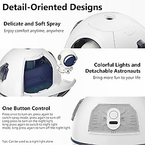 Humidifier for Bedroom Kids, Mini Water Diffuser with Colorful Night Lights Cool Air Mist Quiet Humidifiers with Cute Space Capsule Detachable Astronaut Rechargeable for Office Desktop 220ML(White)