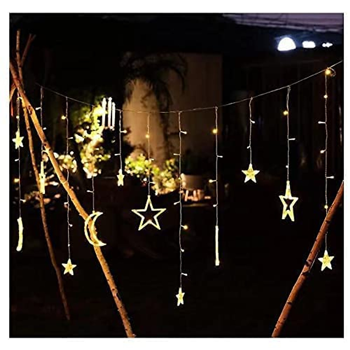 HORAVA Star Solar Lights Outdoor 138LED Solar Powered Curtain Lights Window Lights Solar Led String Lights Twinkle Star Moon Fairy Lights for Backyard Garden Patio Home Christmas Holiday Decoration