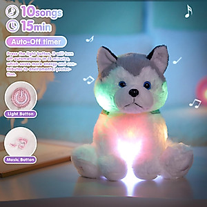 Houwsbaby 12'' Gray Light Up Musical Stuffed Animal Husky Singing LED Dog Glowing Plush Toy Lullaby Animated Soothe Birthday Festival Present for Kids Toddler Girls