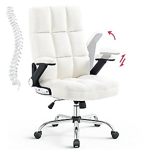 YAMASORO High Back Ergonomic Office Chair,Modern Computer Desk Chairs with Flip-up Armrests, Faux Fur Executive Swivel Rolling Chair (White)